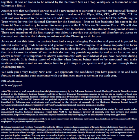2018 Year End Letter - Heritage Financial Consultants
